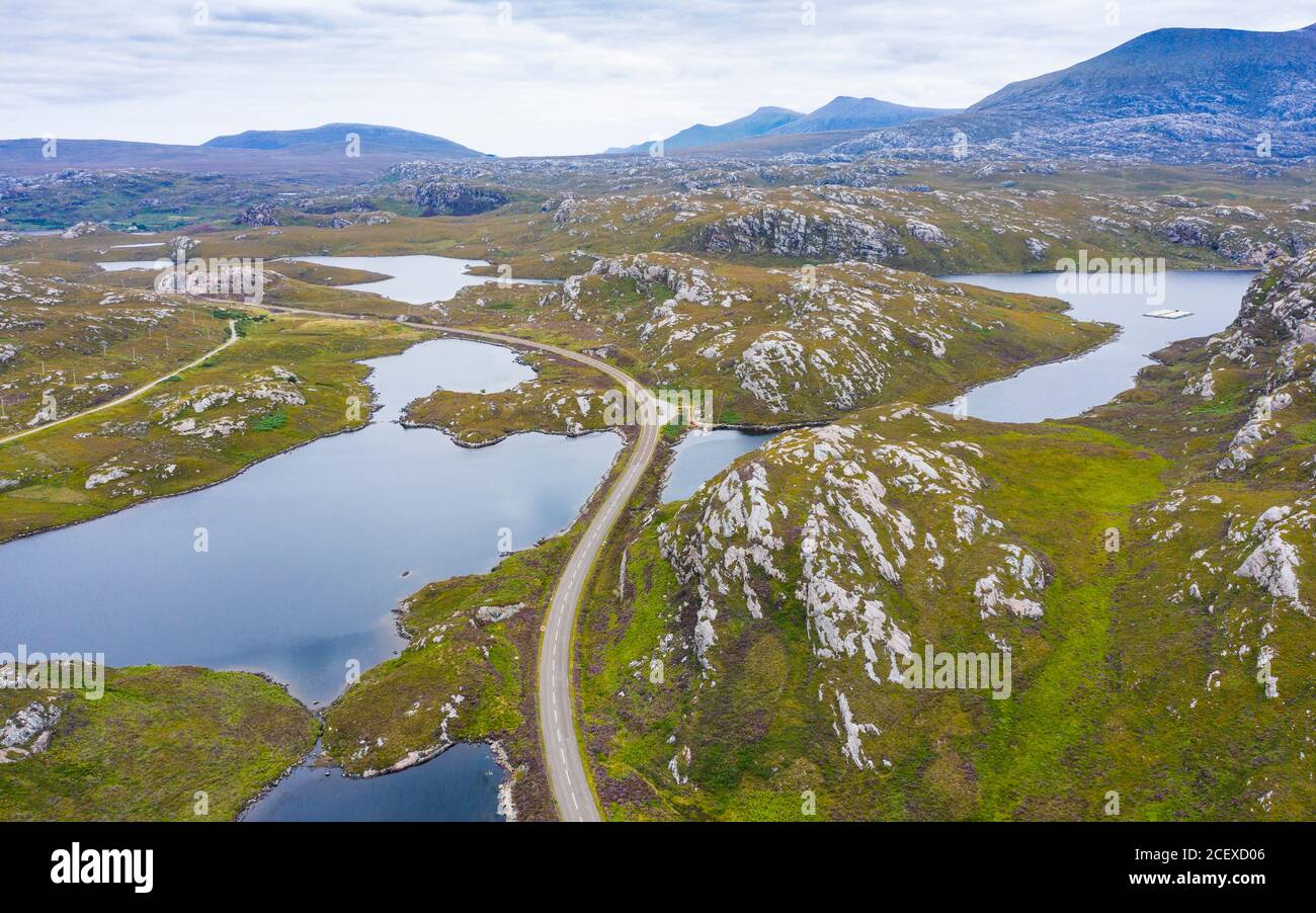 Aerial view of highway part of North Coast 500 tourist route north of ...