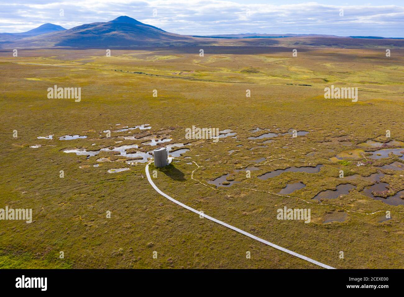 Aerial view of visitor viewing tower on landscape of the Flow Country ...