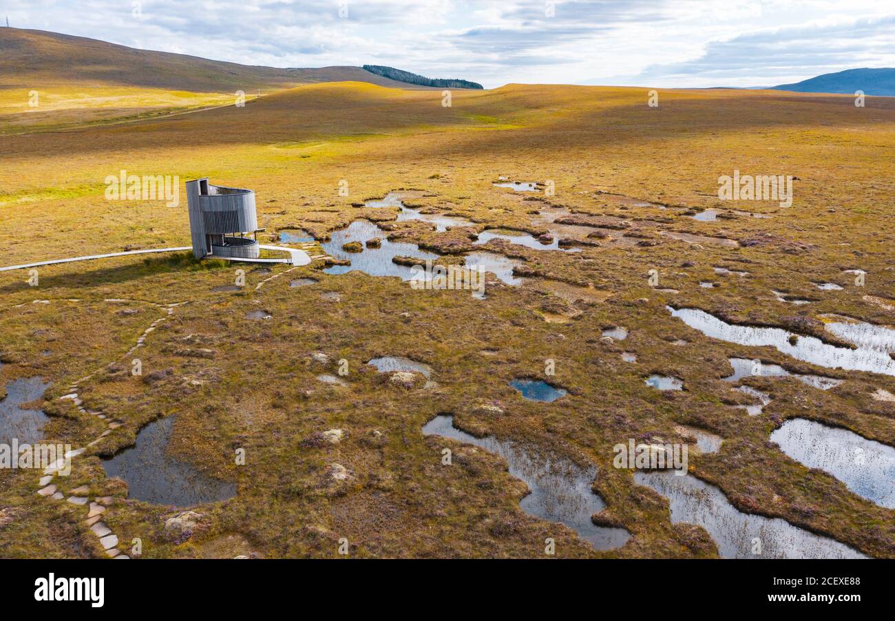 Aerial view of visitor viewing tower on landscape of the Flow Country ...