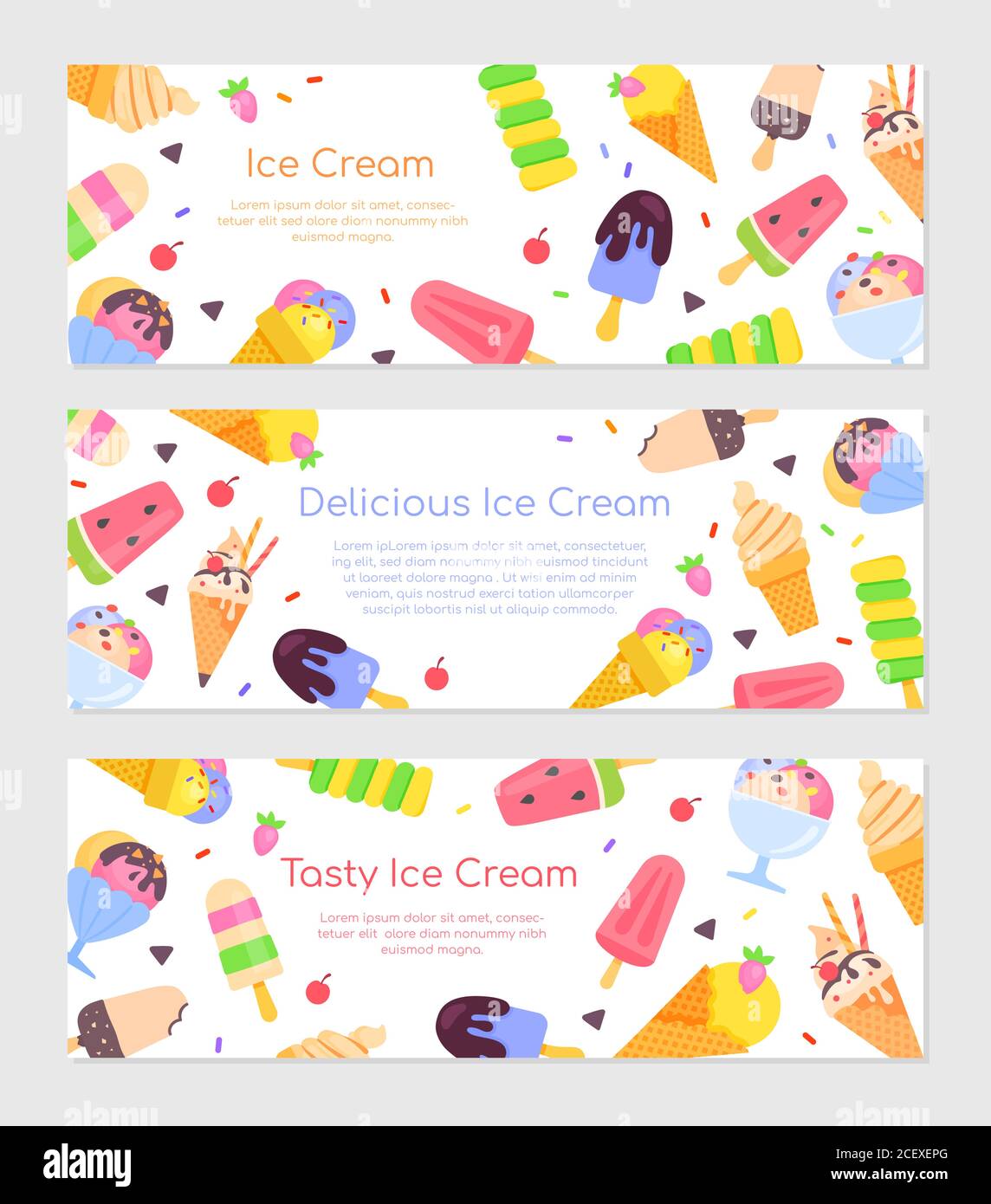 Delicious ice cream - set of flat design style web banners Stock Vector ...