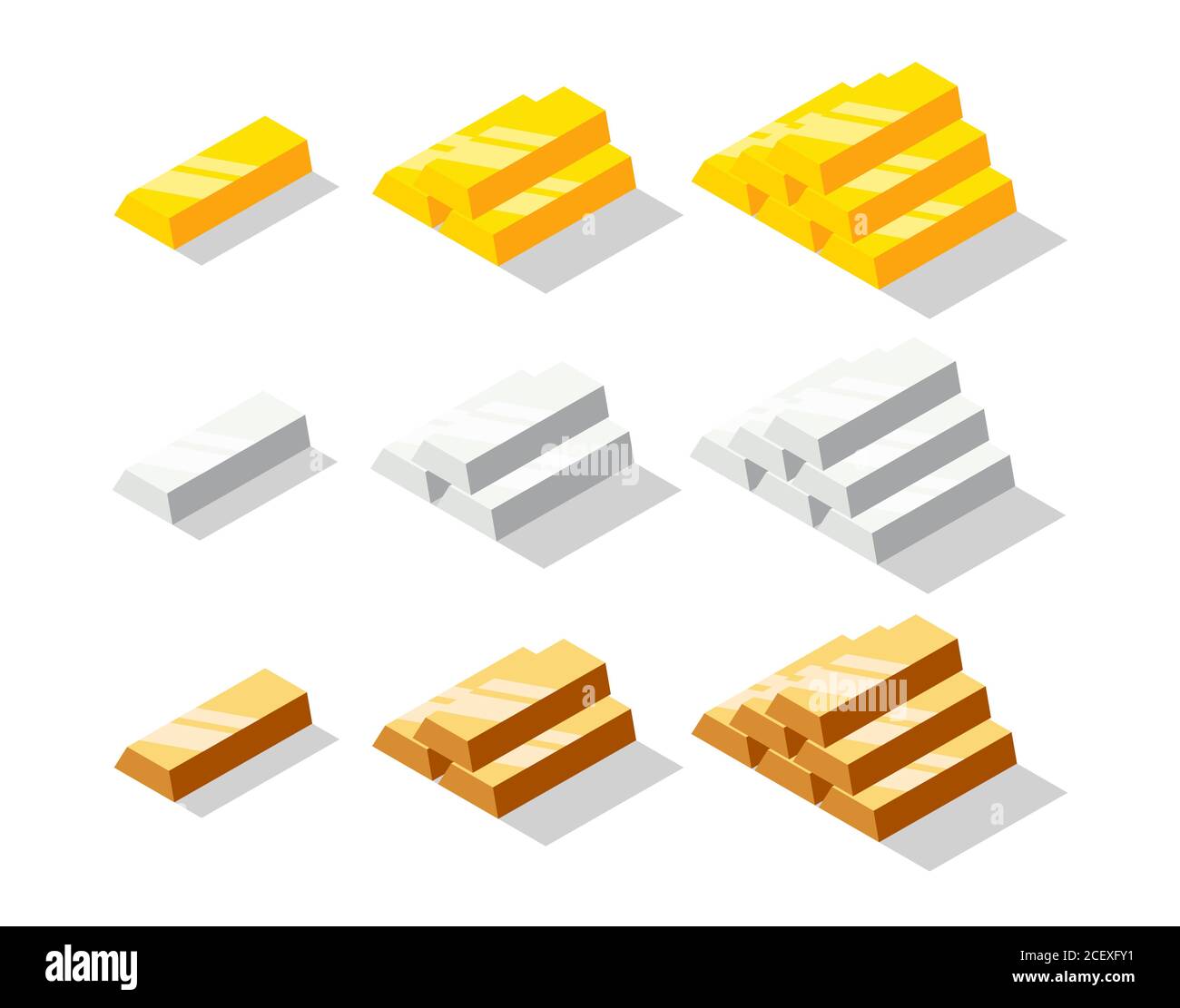 Isometric golden, silver and bronze bars set. Metal bricks or ingot collection isolated on white ...