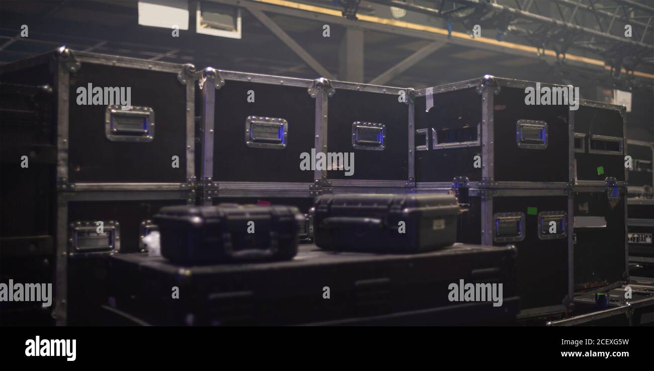 preparation for the concert. Equipment boxes Stock Photo - Alamy