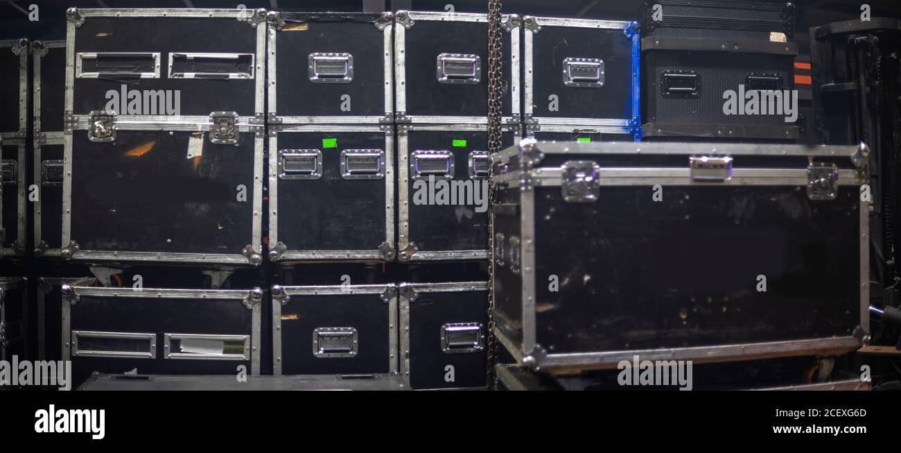 preparation for the concert. Equipment boxes Stock Photo - Alamy