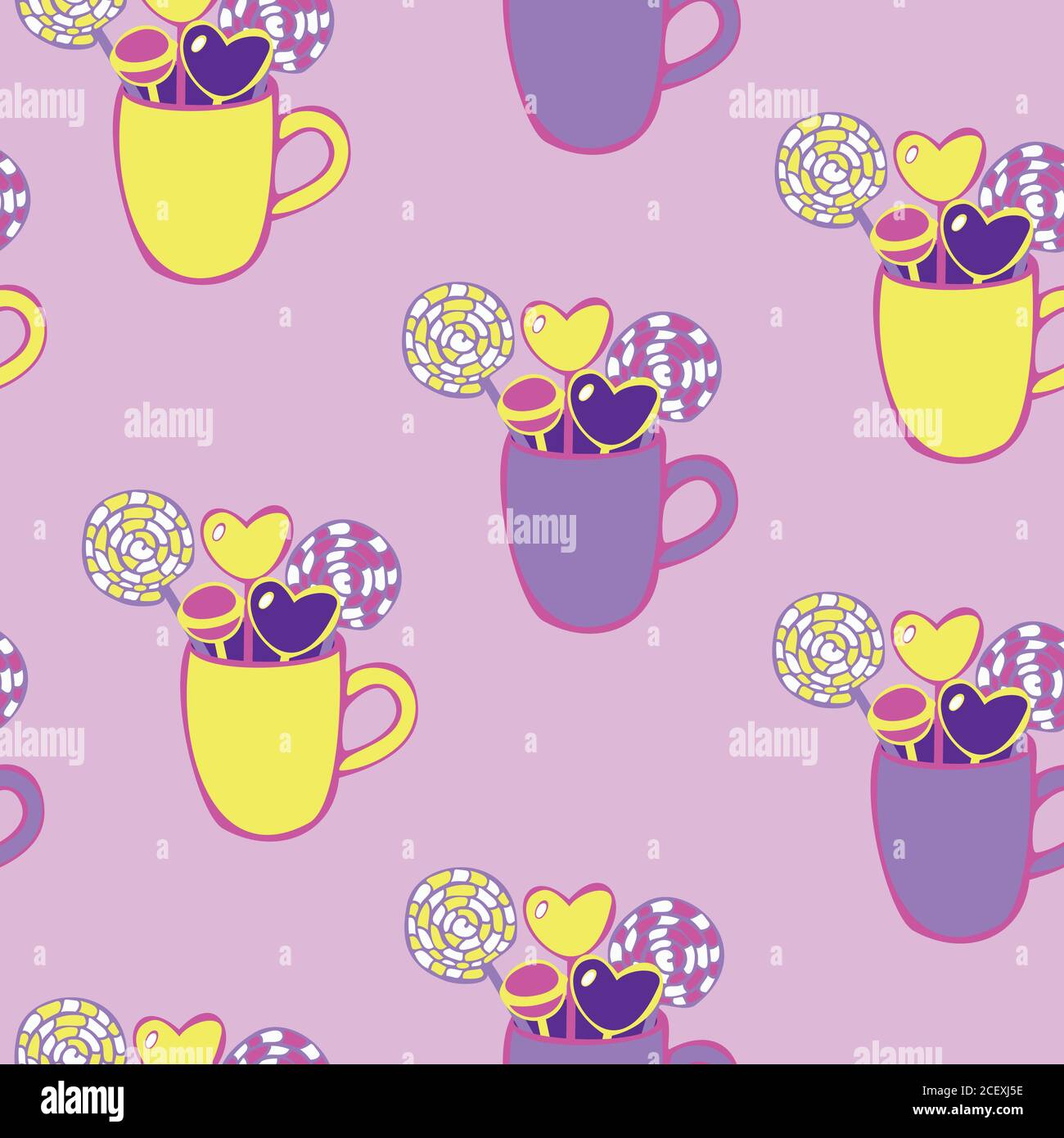 Vector seamless pattern of different candies and lollipops in mugs ...