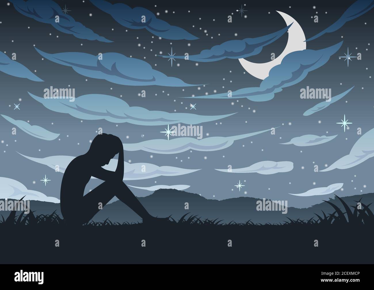 Man sit alone with sad and hopeless around with cloud sky in dark night ...