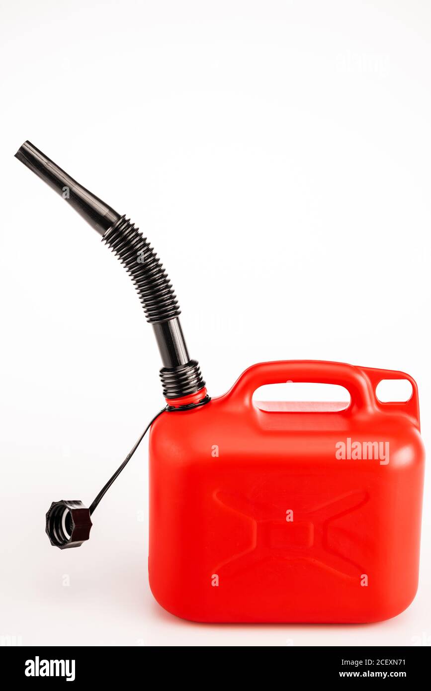 red gasoline jerrycan on white background Stock Photo - Alamy
