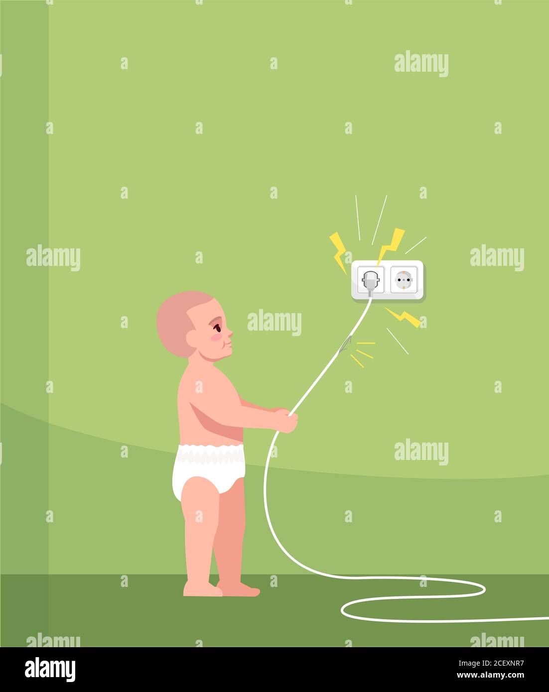 Interested child touches faulty wire semi flat RGB color vector ...