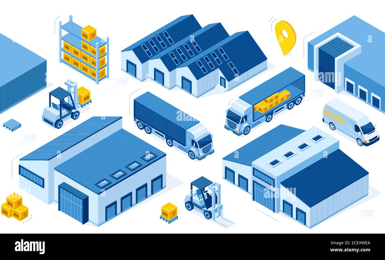 Warehouse industry with storage buildings, trucks, forklift and rack ... Warehouse industry with storage buildings, trucks, forklift and rack ...
