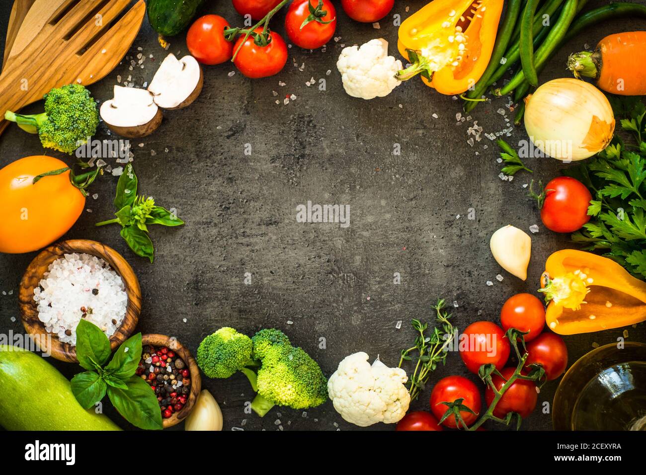 Healthy food background on black table Stock Photo - Alamy