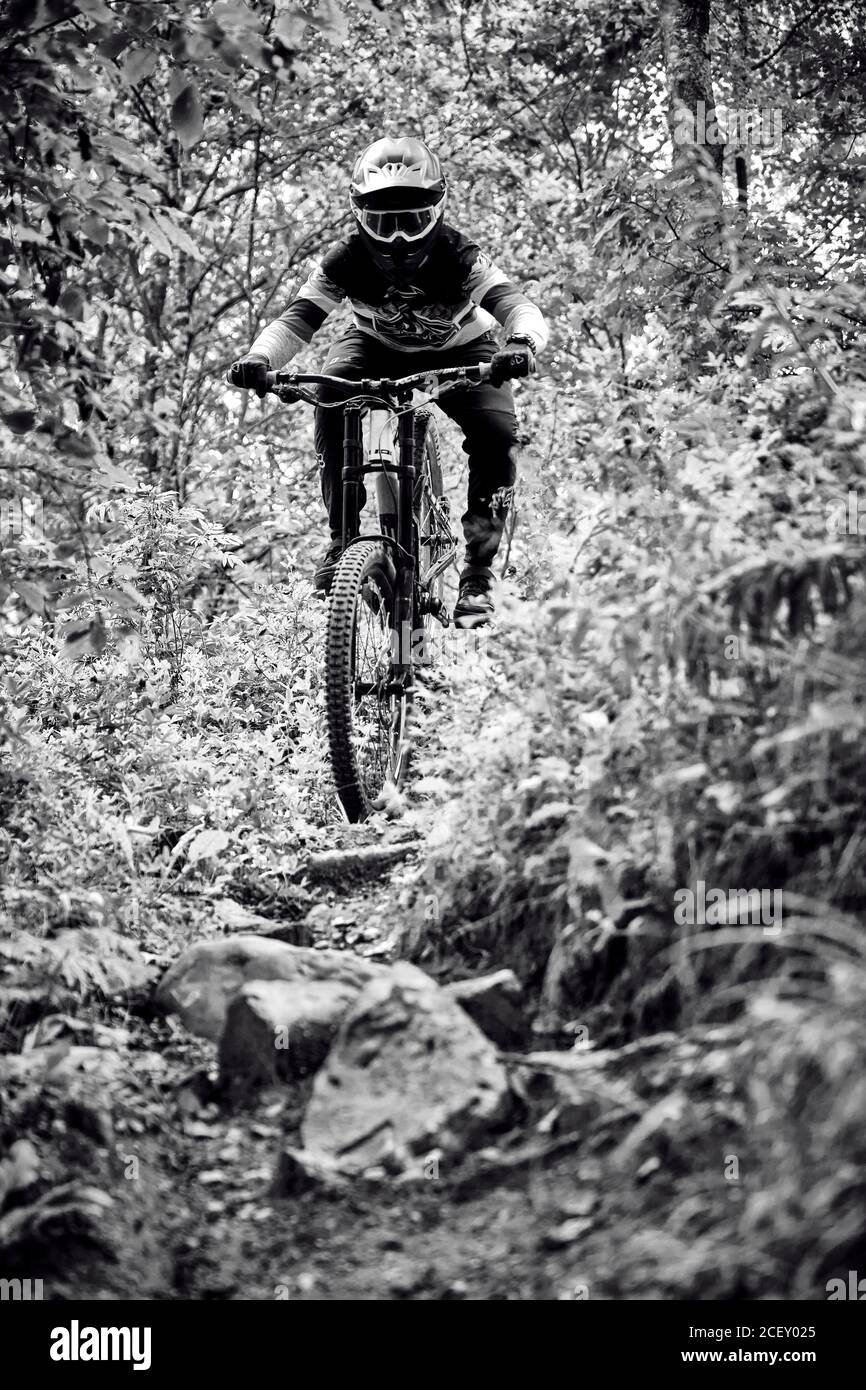 Russia, Moscow - Sep 02, 2020: Professional cyclist down hill riding ...