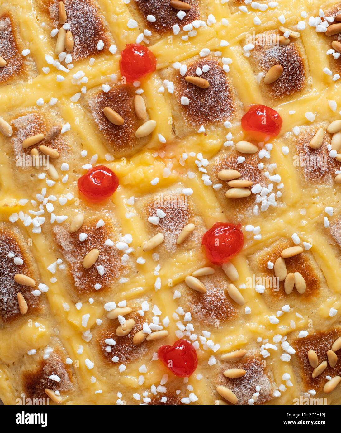 From above traditional Catalonia coca de San Juan cake decorated with ...