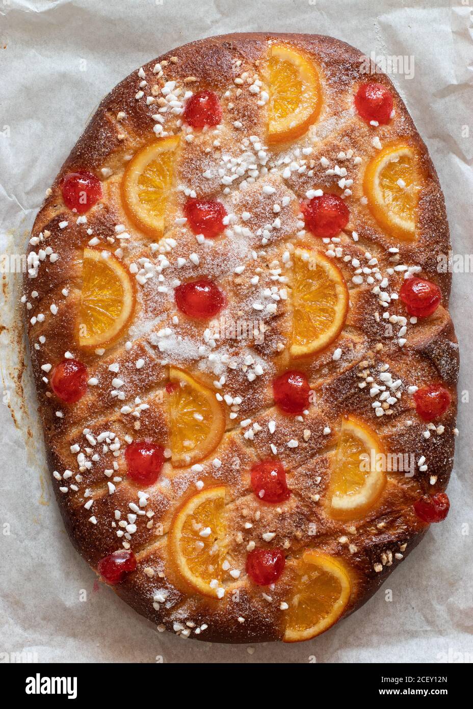 From above traditional Catalonia coca de San Juan cake decorated with ...