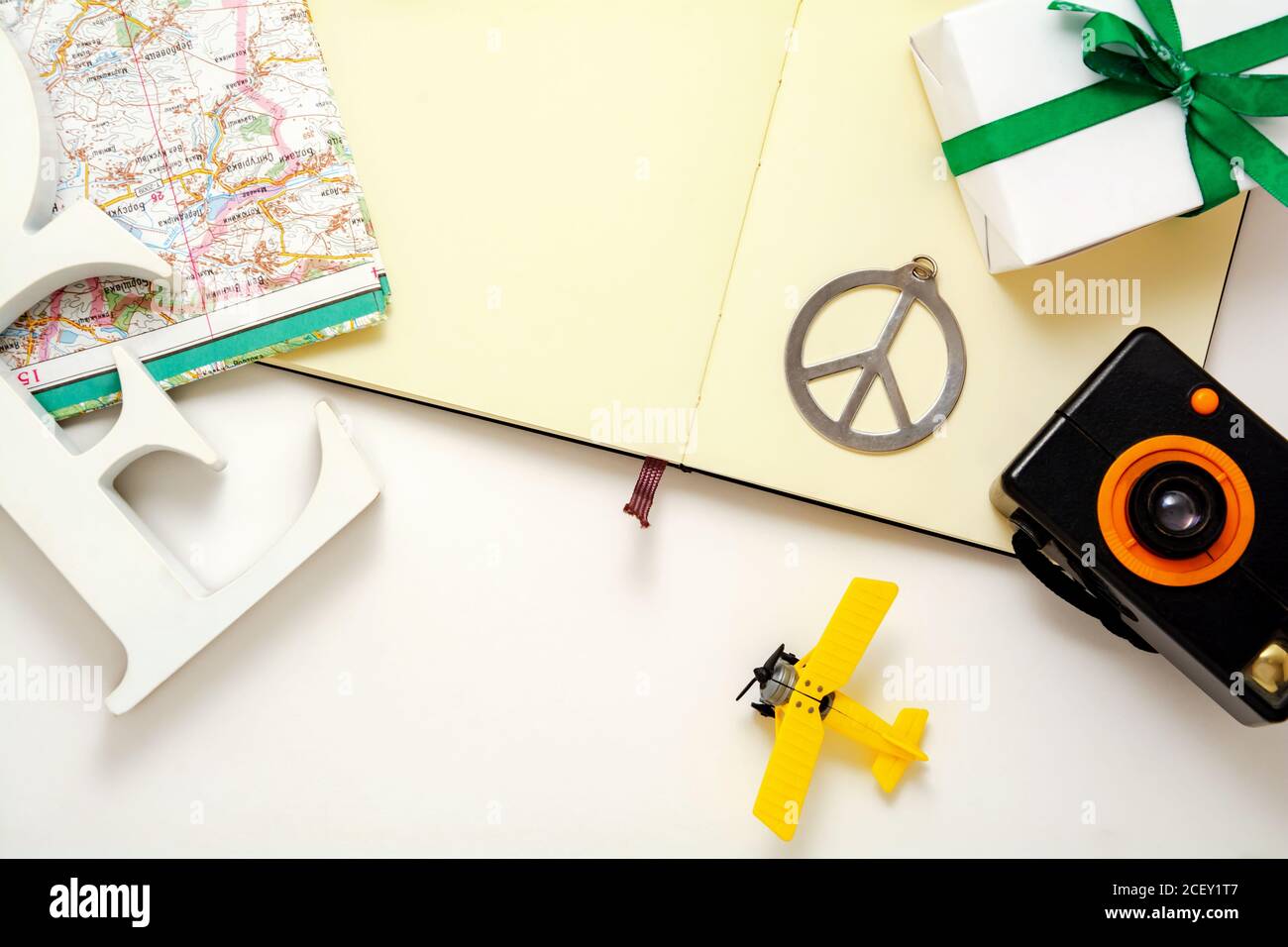 Travel flat lay white background, journey banner, template for ...