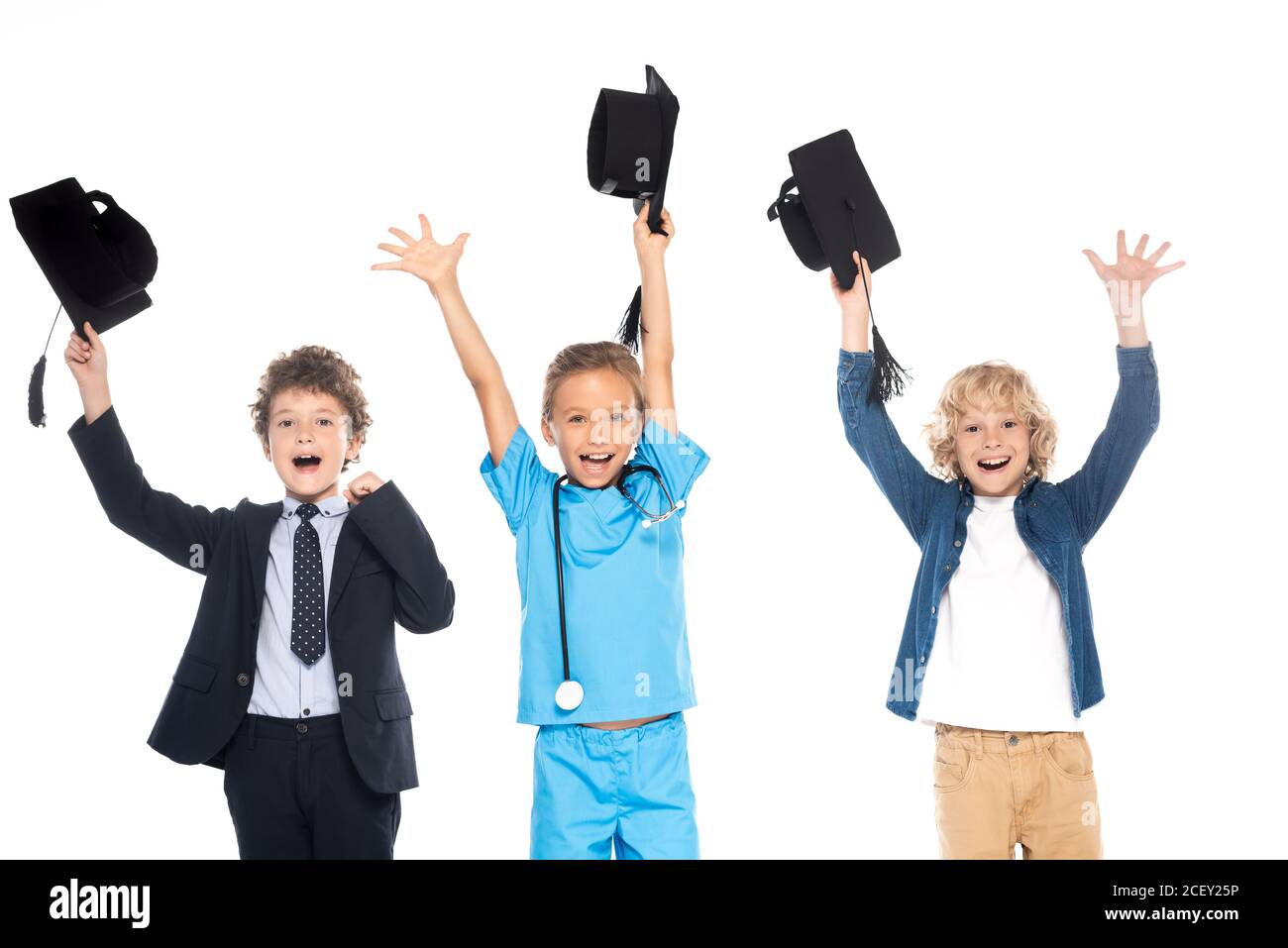 excited kids dressed in costumes of different professions holding black ...