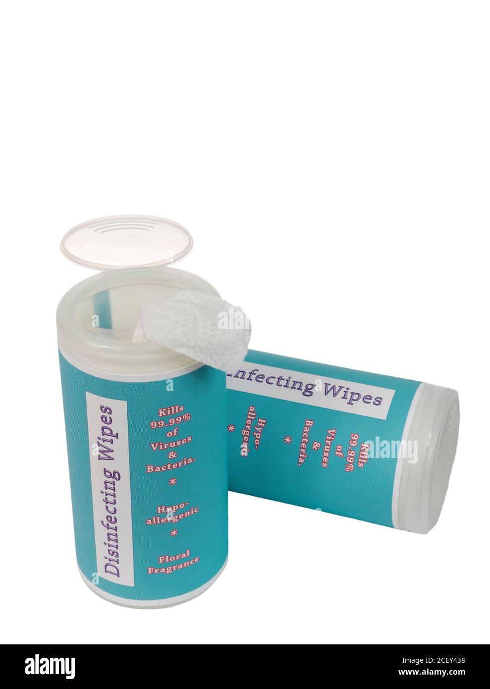 Vertical shot of a pair of containers with disinfectant wipes shot on a ...