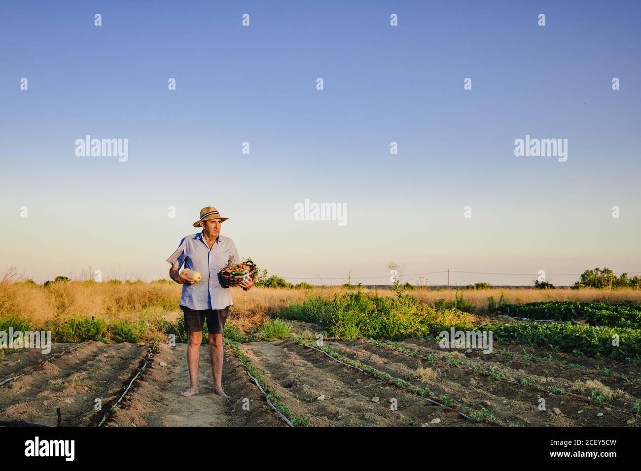 Aged male farmer standing barefoot with wicker basket of fresh fruits ...
