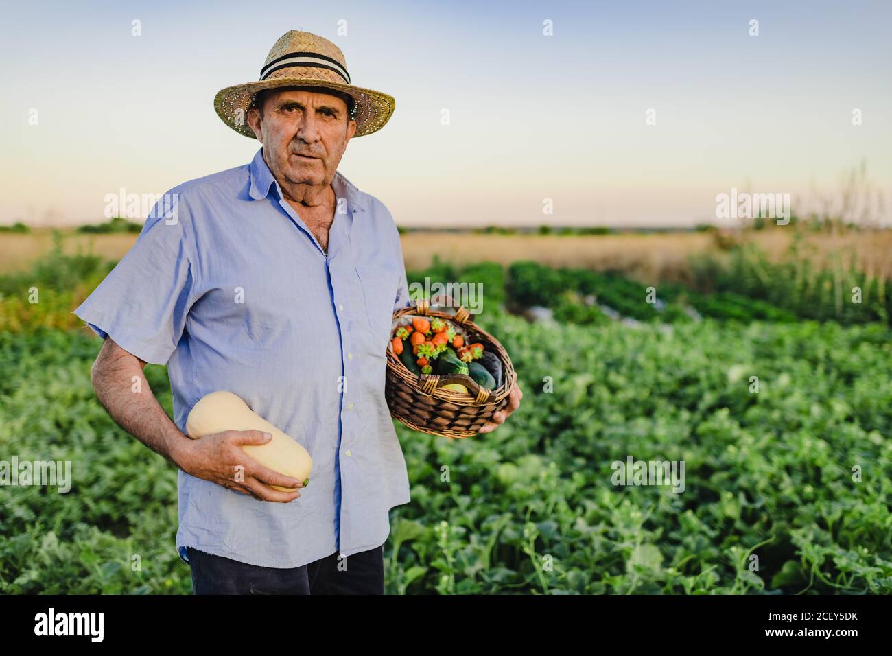 Aged male farmer standing barefoot with wicker basket of fresh fruits ...