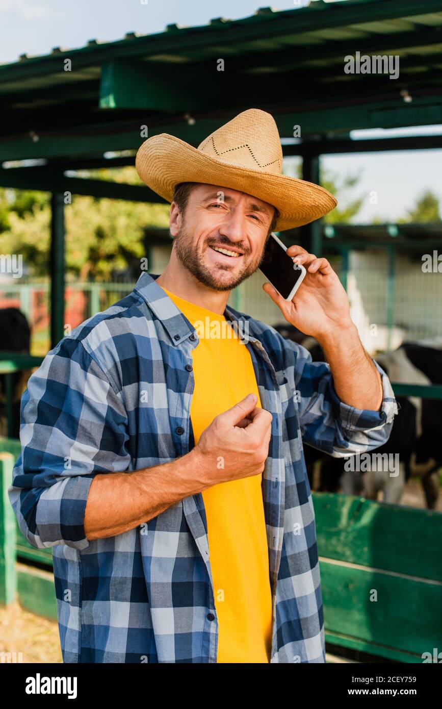 rancher in straw hat and plaid shirt talking on smartphone near cowshed ...