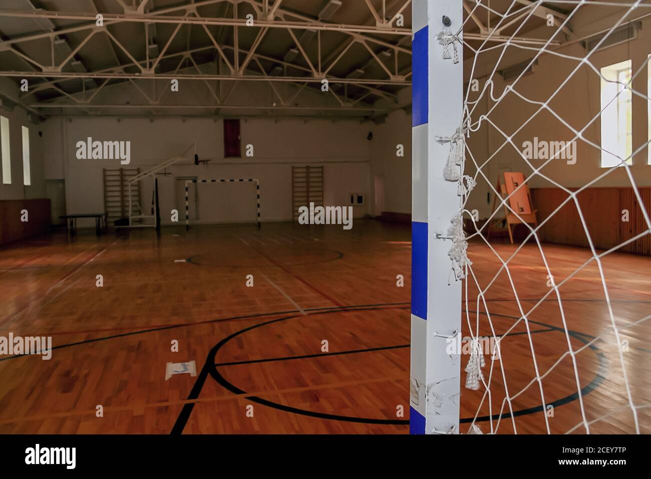 Interior of a sport hall for soccer or handball, corner of futsal court ...