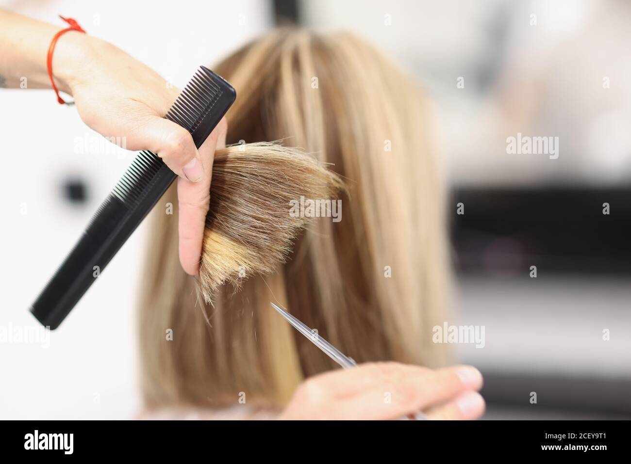 Hairdresser holds scissors and comb in his hand and cuts the ends of ...