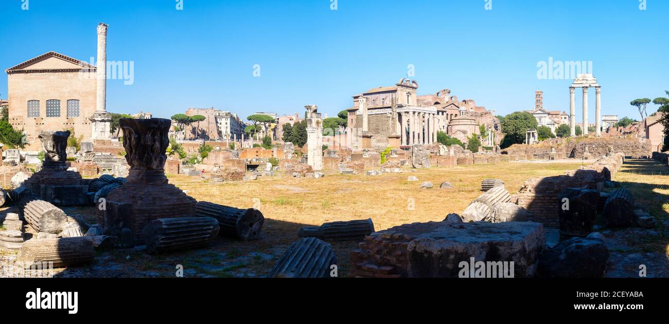 Panoramic view of the ruins of the ancient Roman Forum in central Rome ...