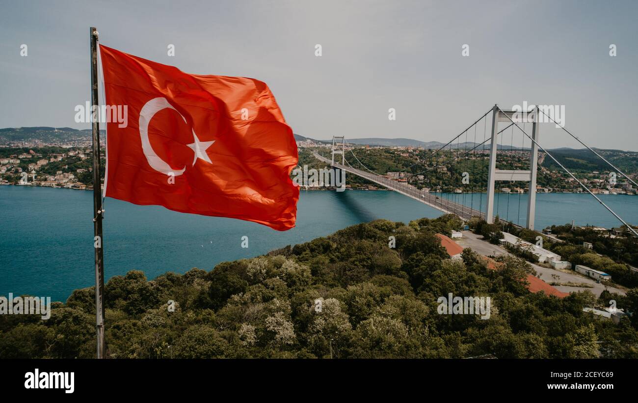 Drone image of Turkish Flag and Fatih Sultan Mehmet Bridge Stock Photo ...