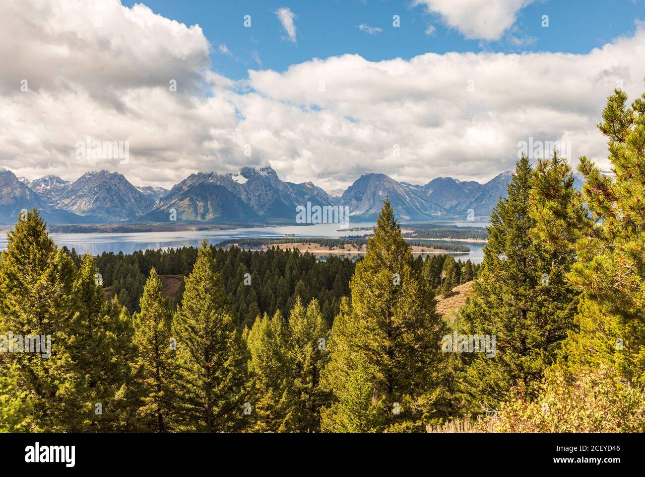 Scenic view from overlook of Jenny Lake and the Teton mountains in ...