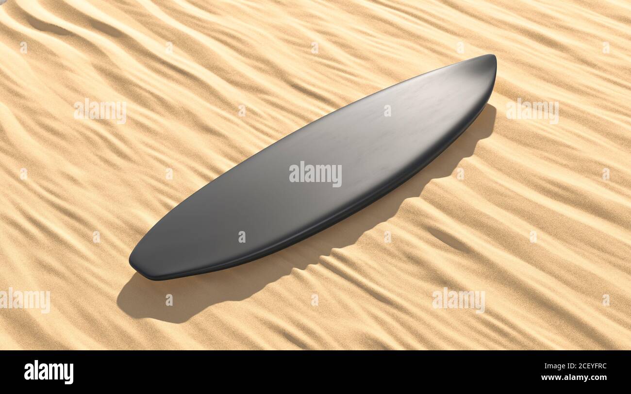 Blank black surfboard lying on sand mockup, side view Stock Photo - Alamy