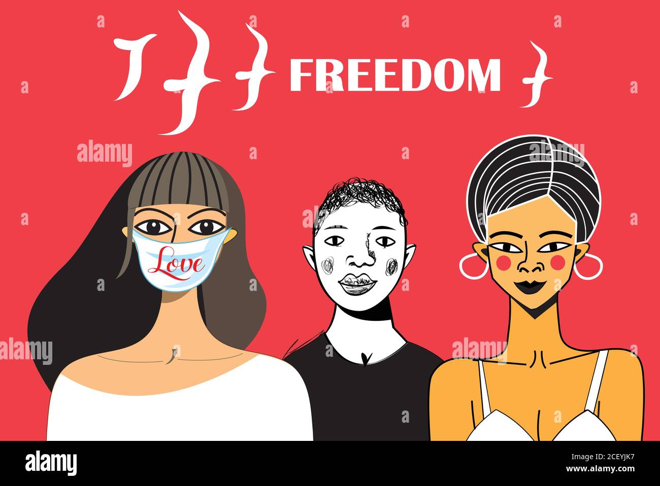 An illustration with beautiful African students and the word freedom ...