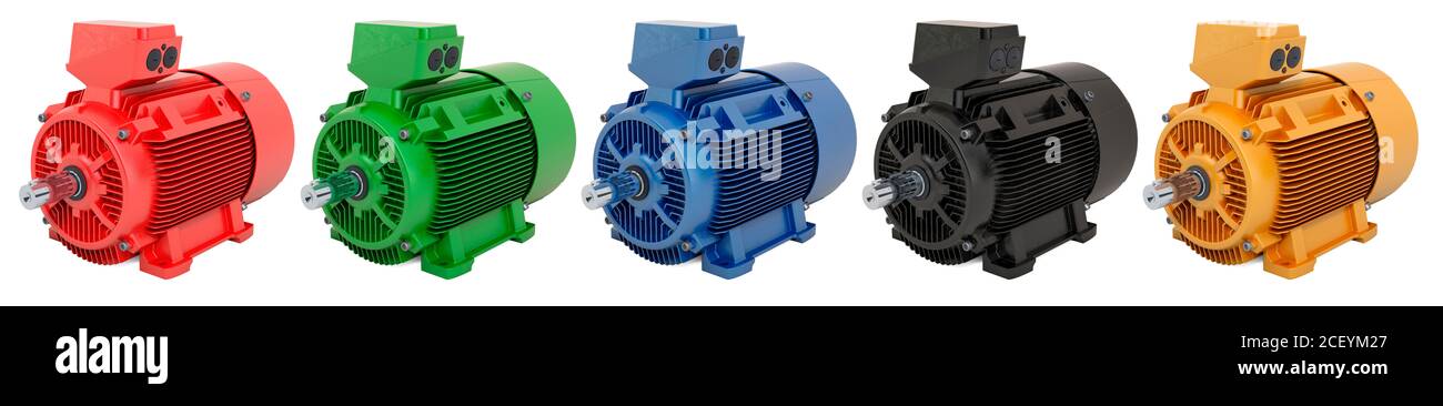 Colored industrial electric motors, 3D rendering isolated on white ...