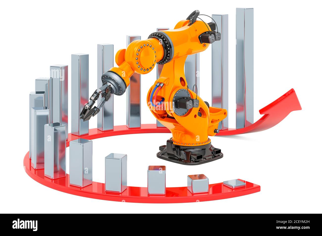 Robotic arm with growing chart and red arrow. 3D rendering isolated on ...