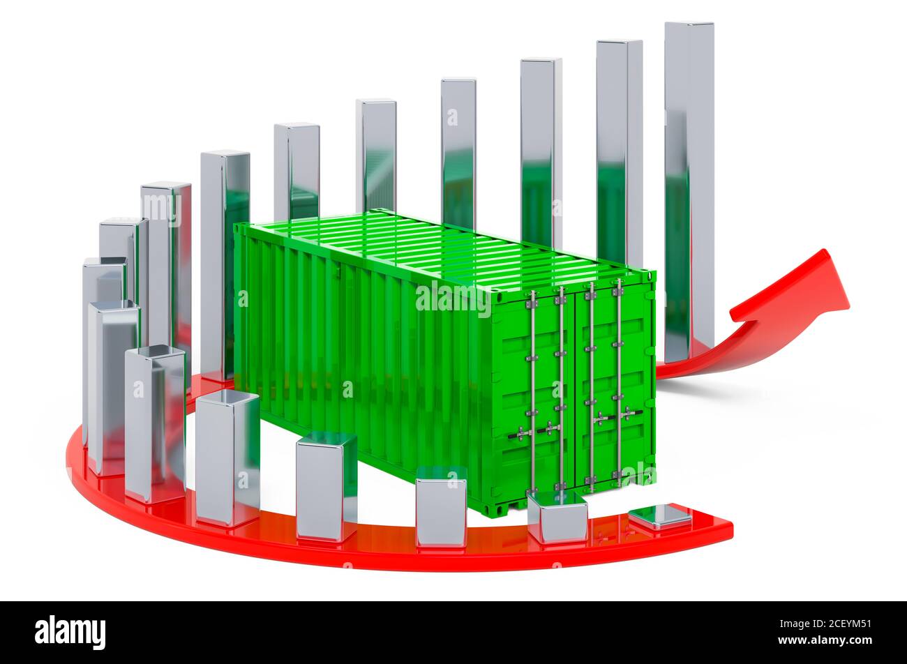 Cargo container with growing chart and red arrow. 3D rendering isolated ...