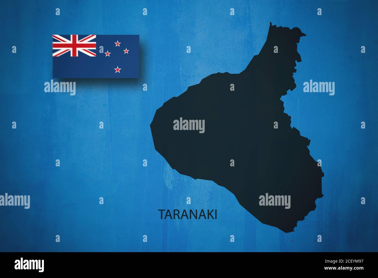 Taranaki map and flag of New Zealand, New Zealand region, on blue dirty ...