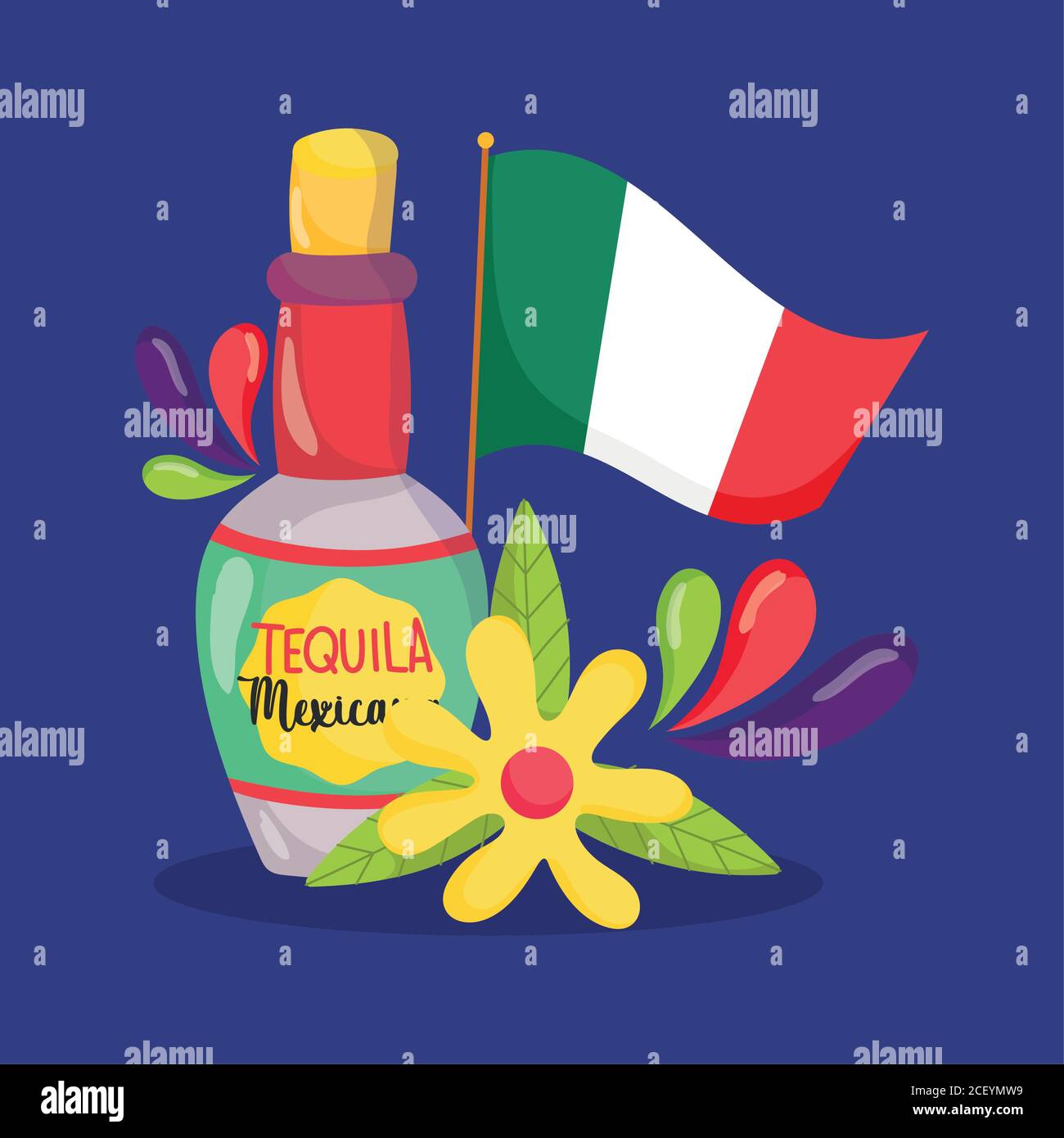 mexican independence day, bottle tequila flower and flag, viva mexico ...