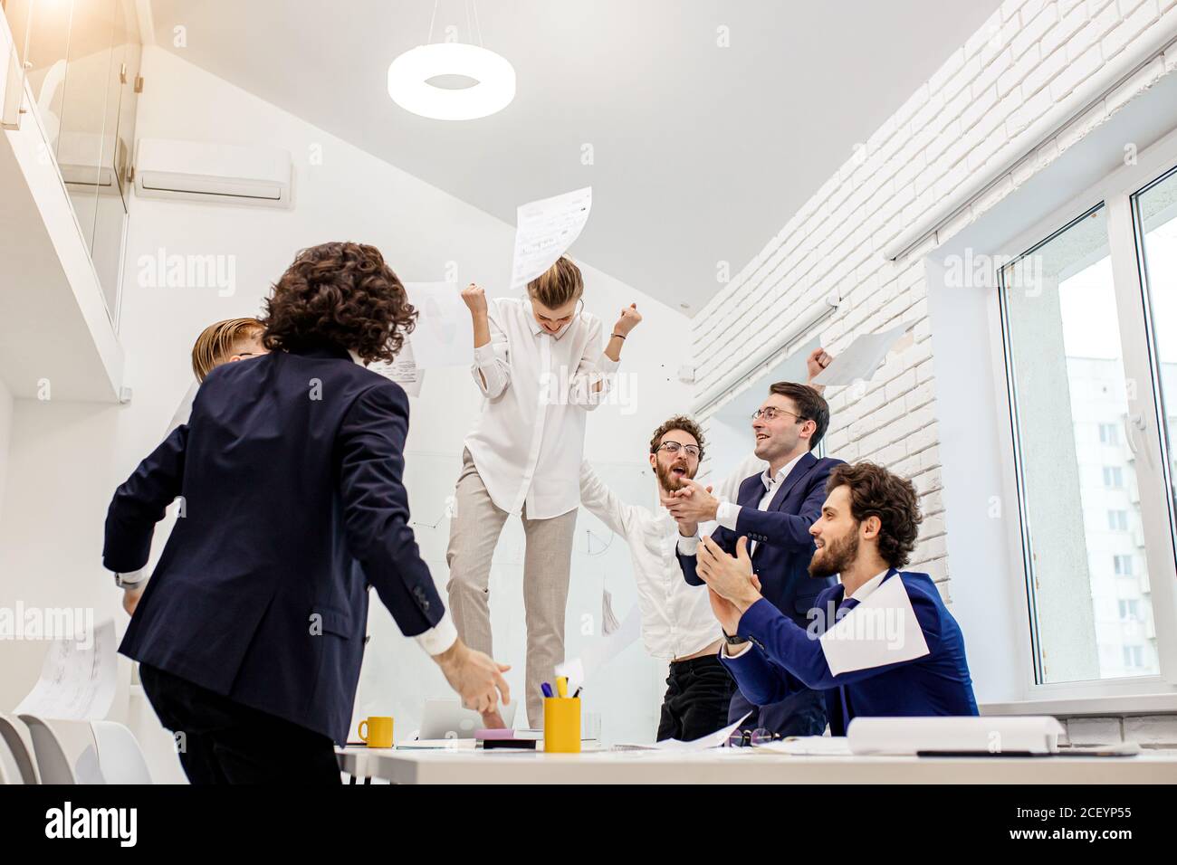 young business people enjoy and happy after successful work together ...