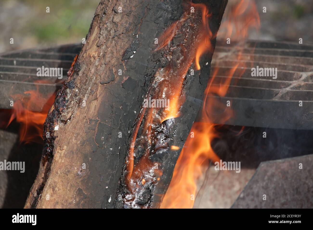 Log on Fire Burning in Firepit Stock Photo - Alamy
