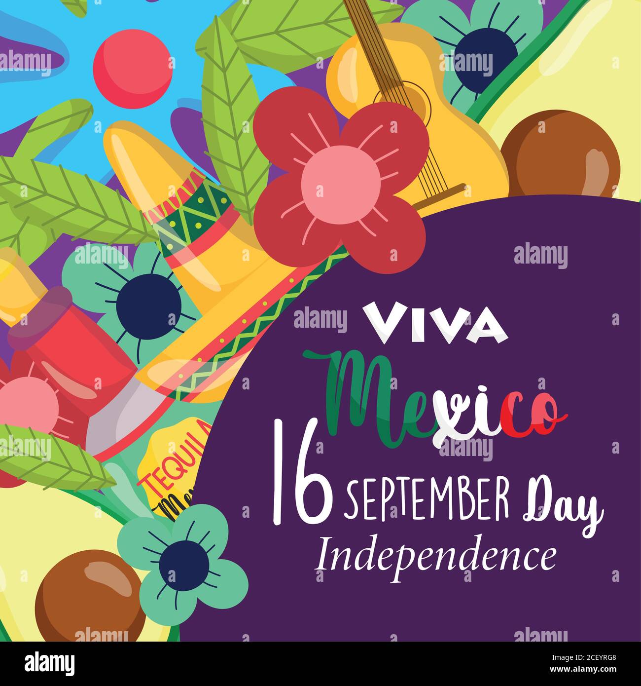 mexican independence day, flowers hat guitar avocado decoration poster ...
