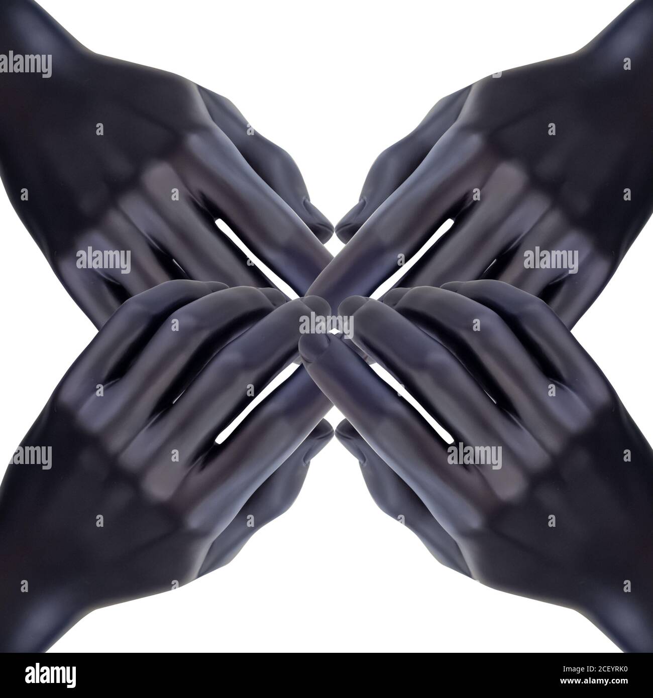 Four plastic black hands of the mannequins touch each other with ...