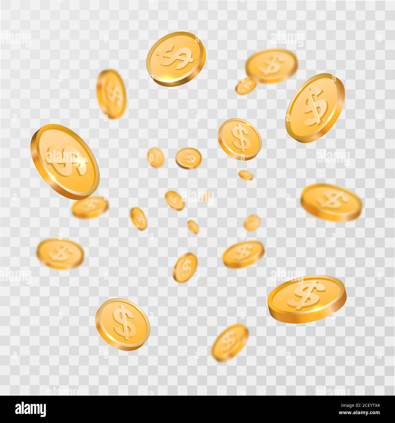 Falling gold coins on a transparent isolated background. Flying dollars ...