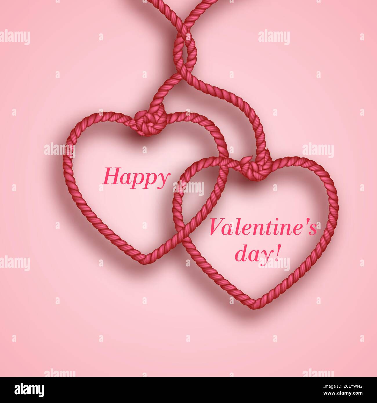 Bound red hearts from a rope on a pink background. A template for the ...