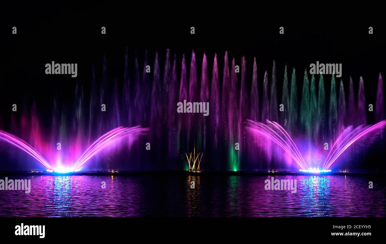 Night laser fountain show, on the Roshen embankment, the Ukrainian city ...