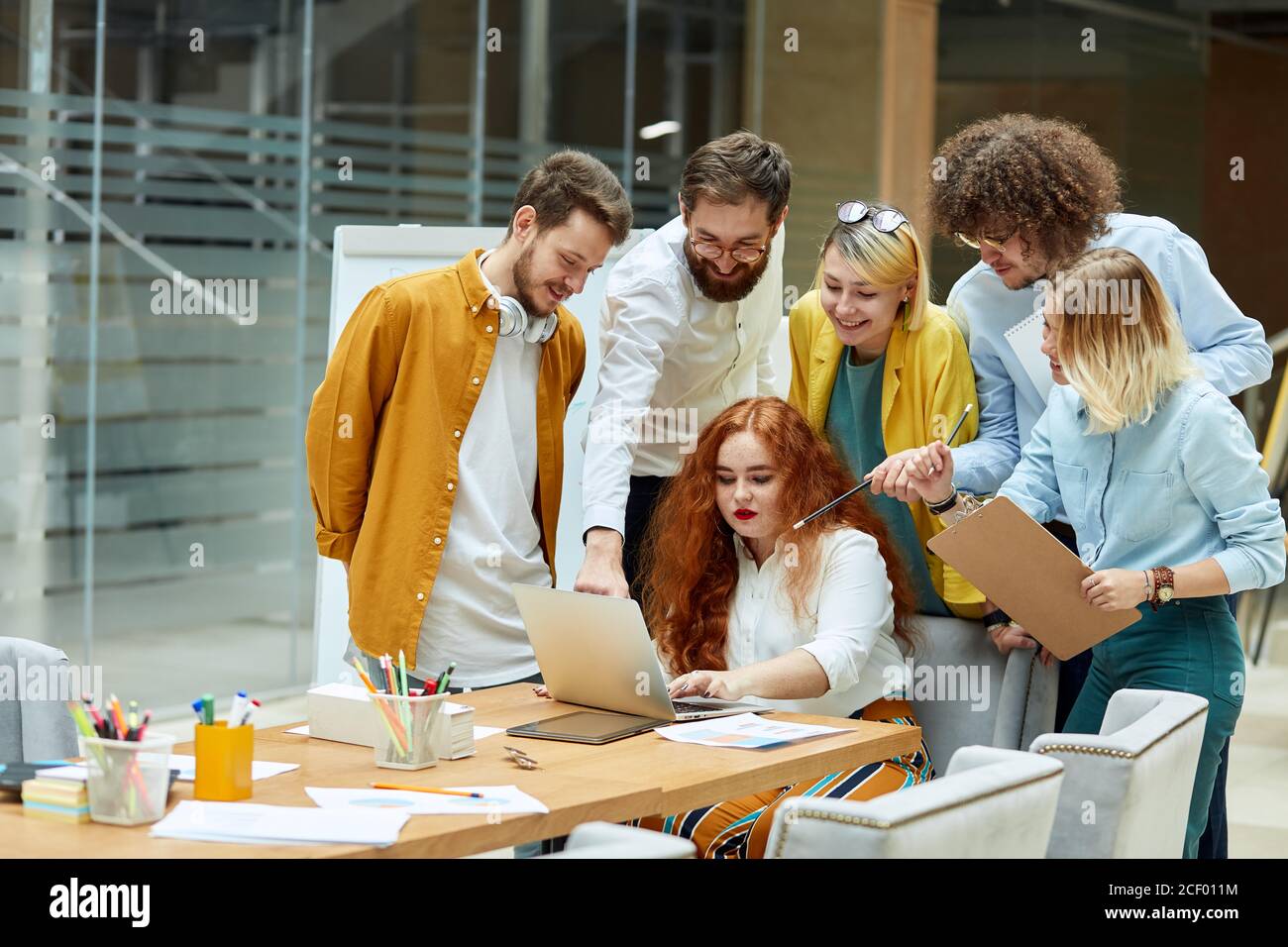 Concentrated new worker shows design project on screen of laptop ...