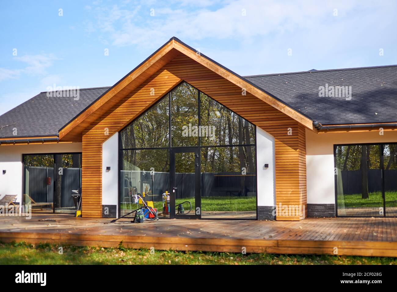 Wooden country house with big panoramic windows, in european style ...