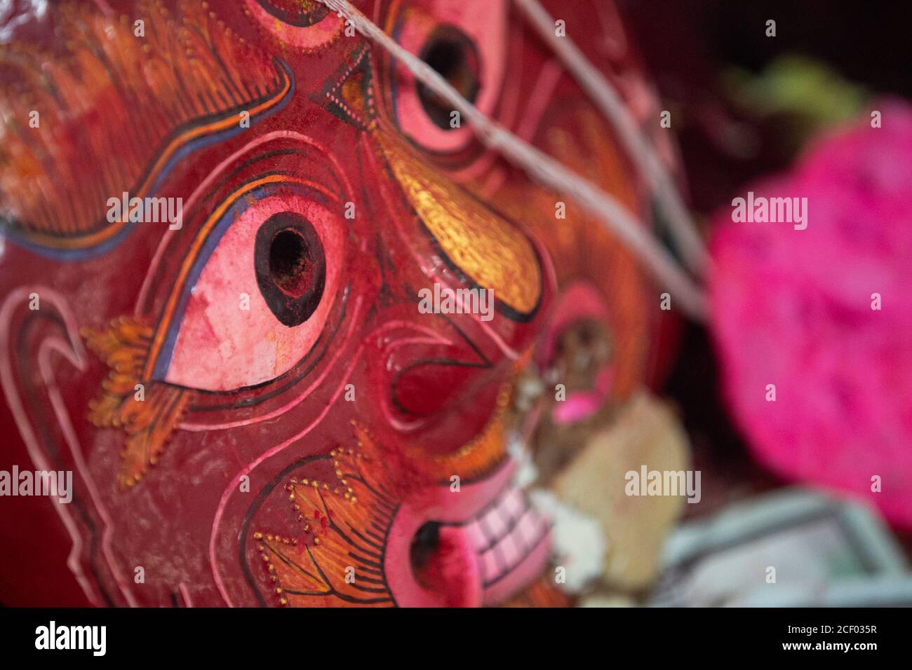 A mask of the Lakhey is pictured inside the Lakhey house, the protector ...