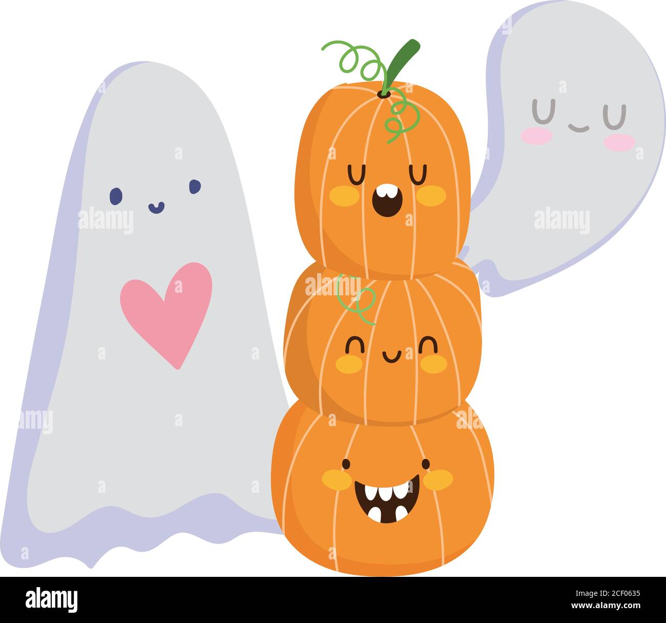 happy halloween, ghosts and stack of pumpkins trick or treat party ...