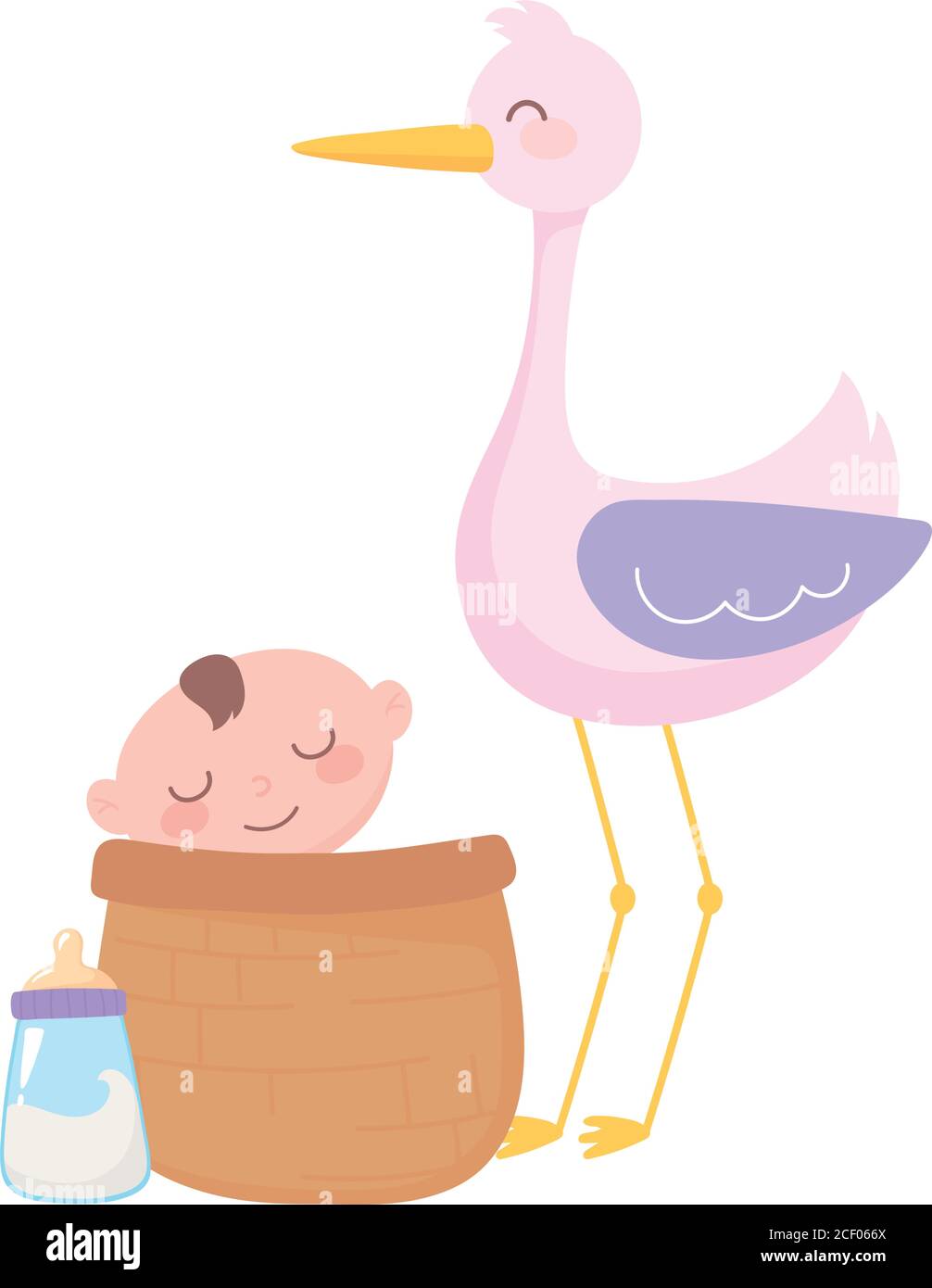 baby shower, stork and little boy in basket, celebration welcome ...