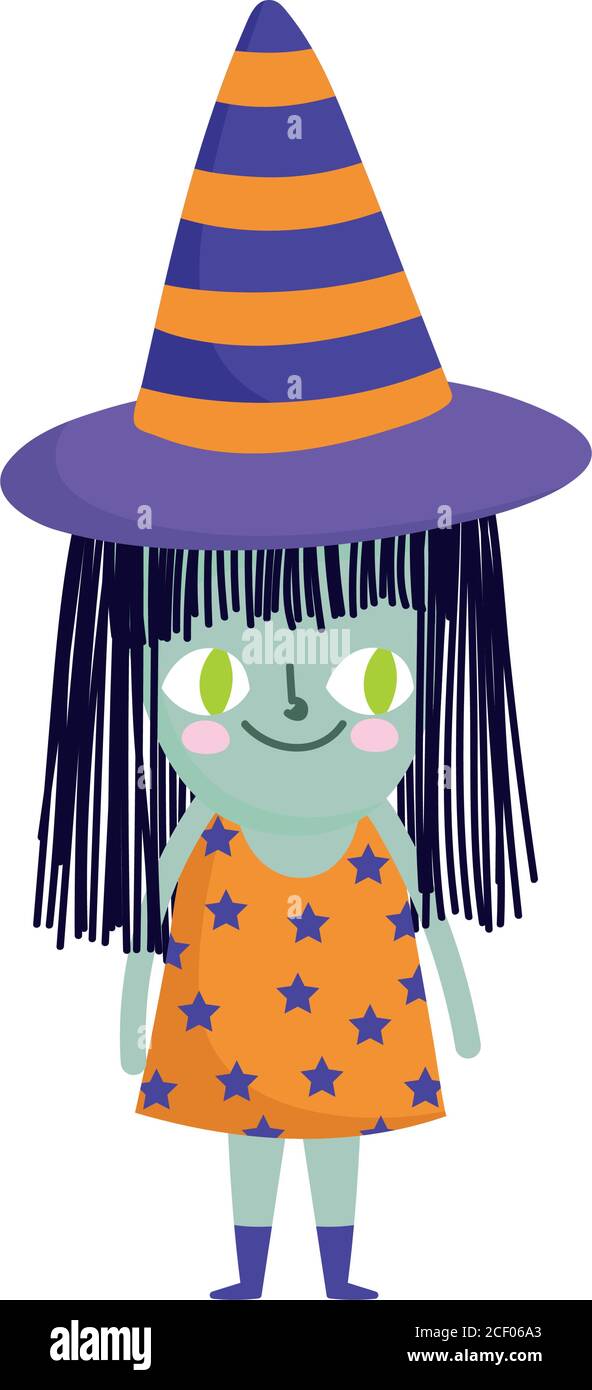happy halloween, kid with witch costume cartoon, trick or treat ...