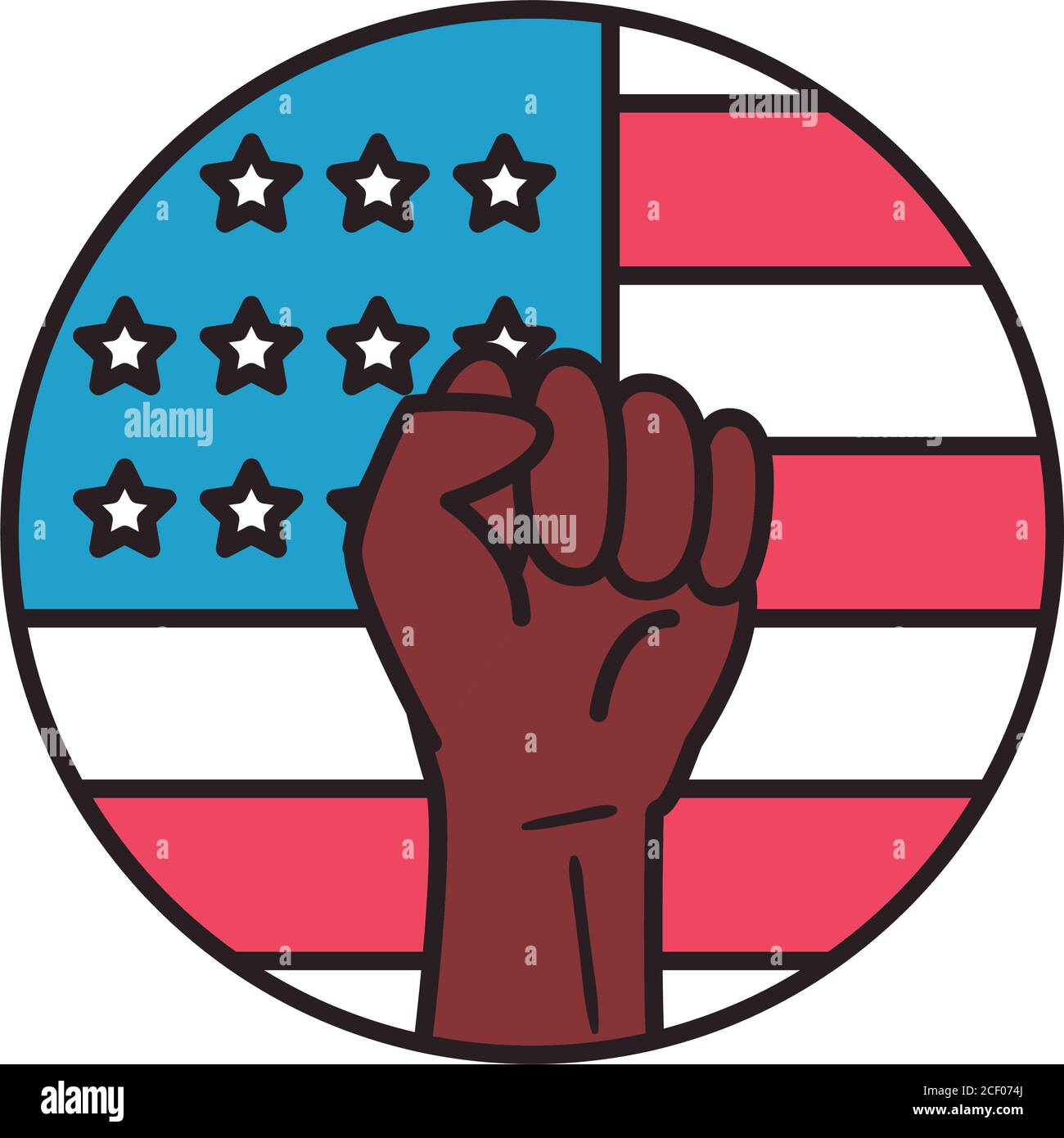 black fist hand in front of usa flag line and fill style icon design of ...