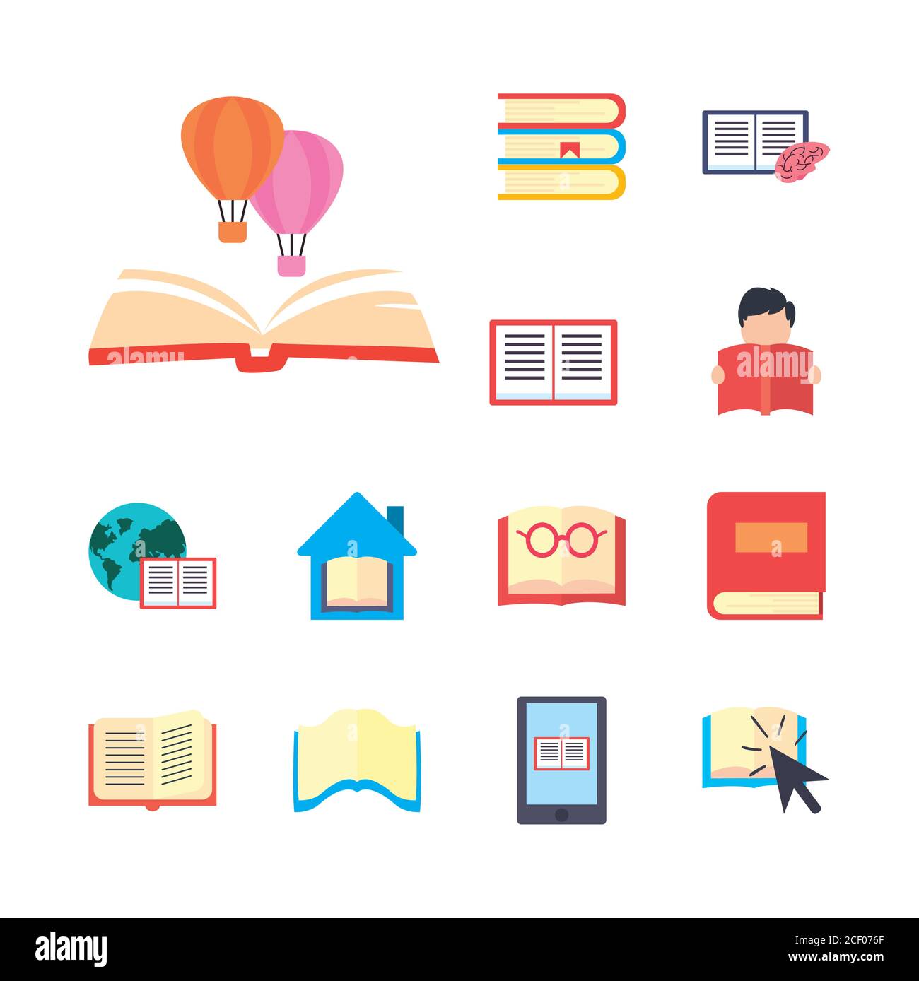 books and ebooks flat style icon set design, Education literature and ...