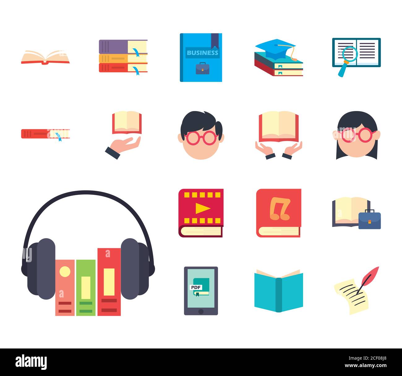 books and ebooks flat style set of icons design, Education literature ...